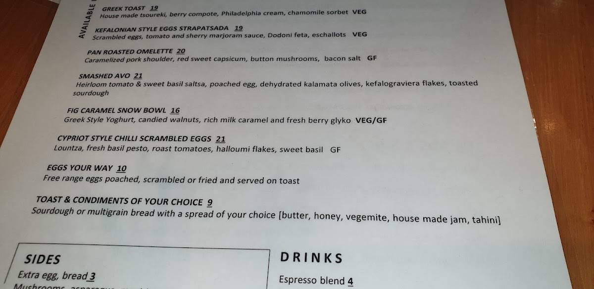 Menu at Nikos Fairfield cafe, Fairfield
