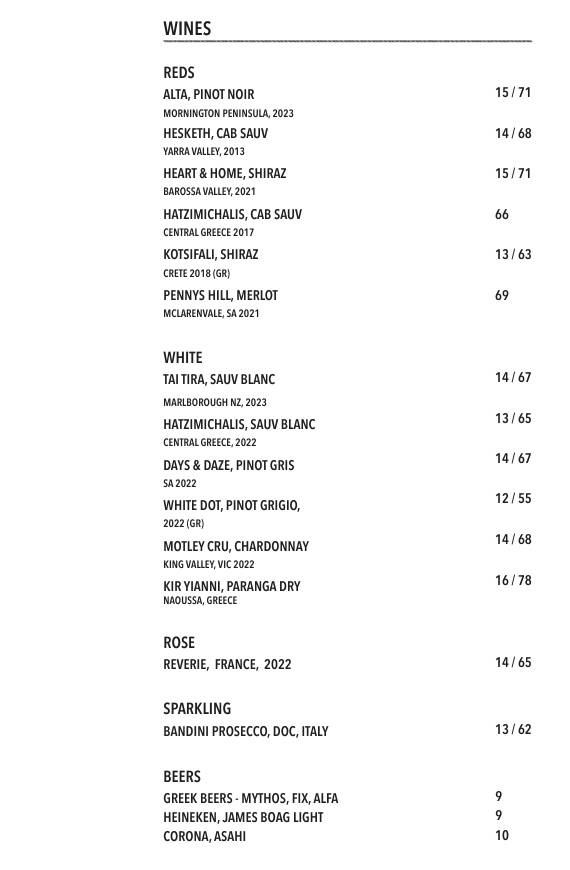 Menu at Nikos Fairfield cafe, Fairfield