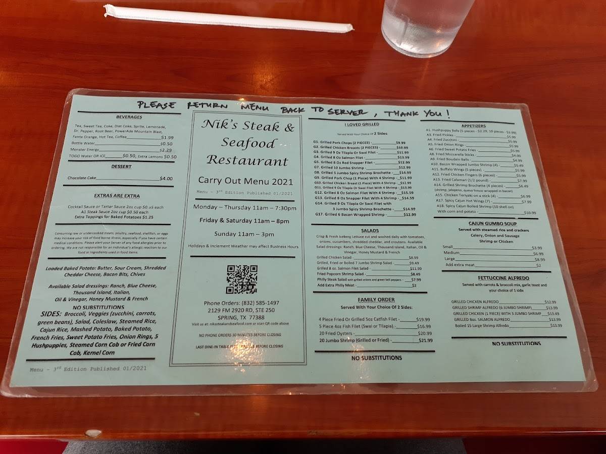 Menu at Nik's Steak & Seafood steakhouse, Spring
