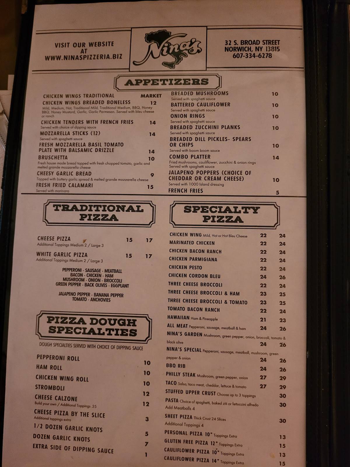 Menu at Nina's Pizzeria & Restaurant, Norwich