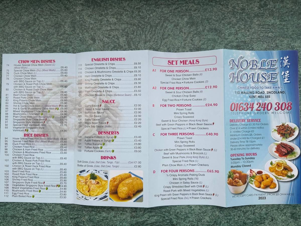 Menu at Noble House restaurant, Snodland, 113 Malling Rd