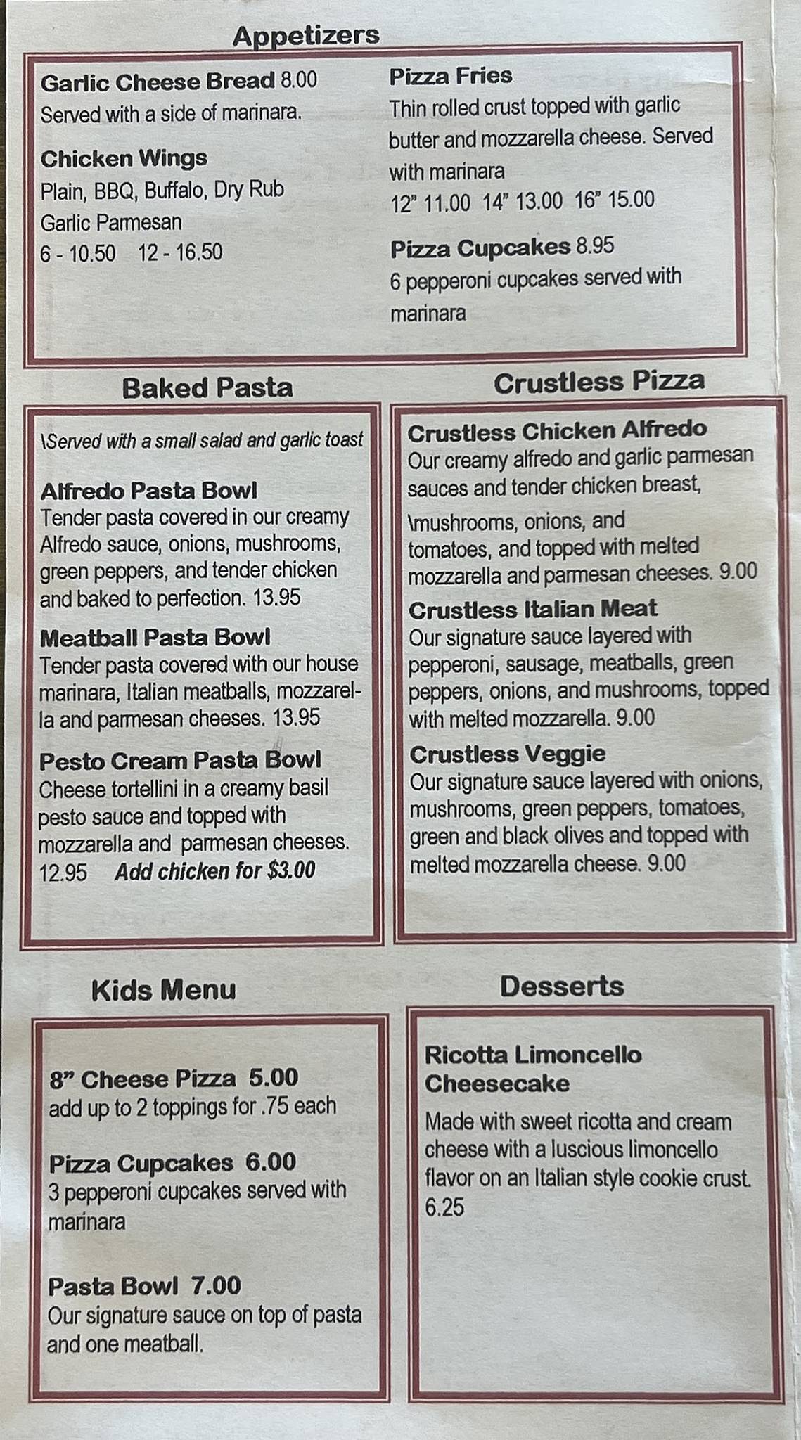 Menu at Nonna Luce Del' Sole Pizzeria, Grantsburg