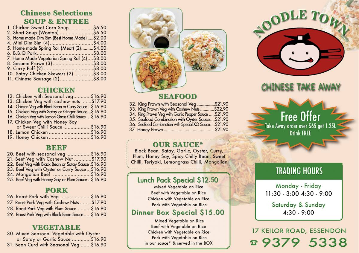 Menu at Noodle Town fast food, Essendon North