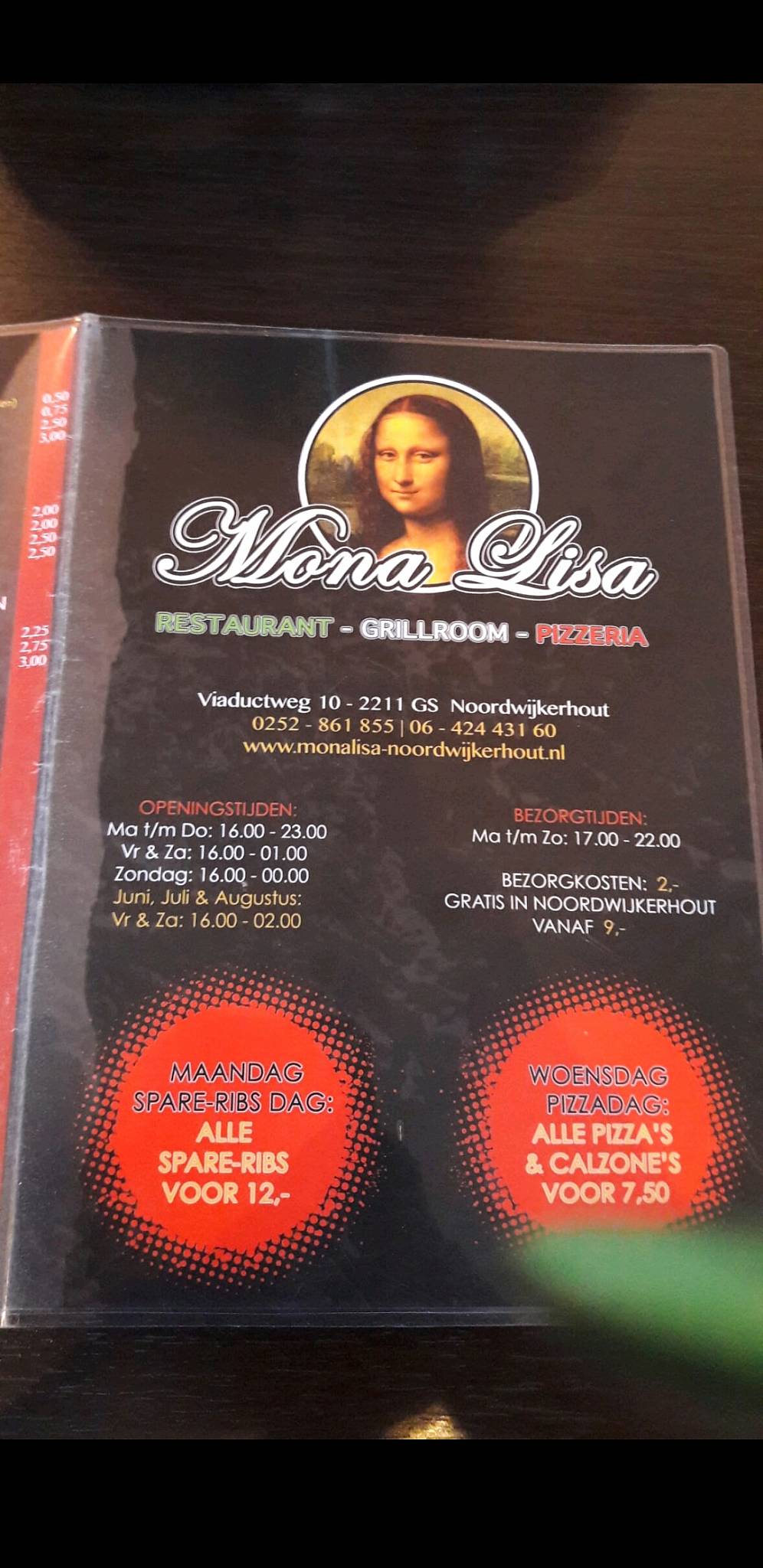 Menu at Mona Lisa, Noordwijkerhout