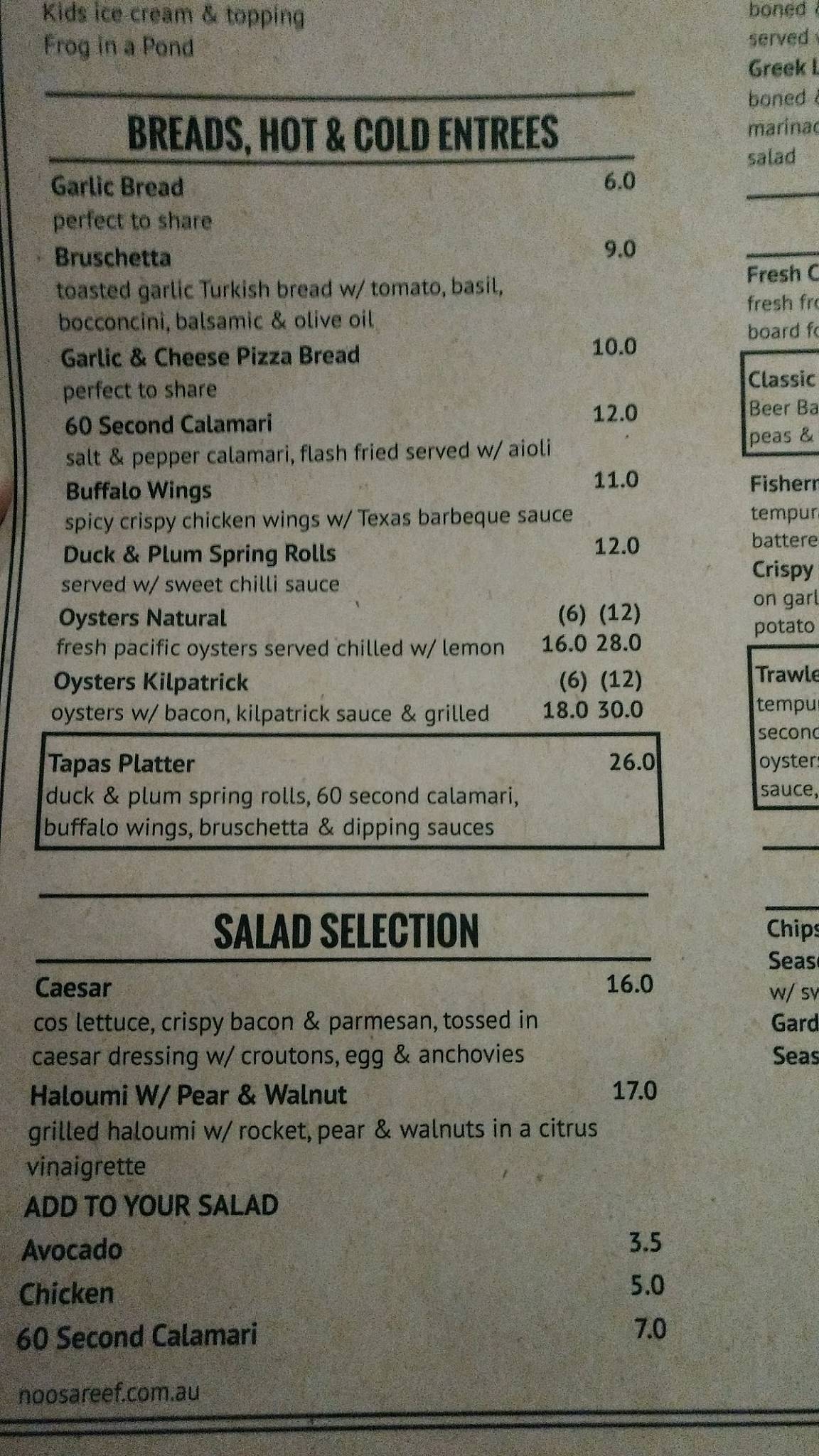 Menu at Noosa Reef Hotel restaurant, Noosa Heads