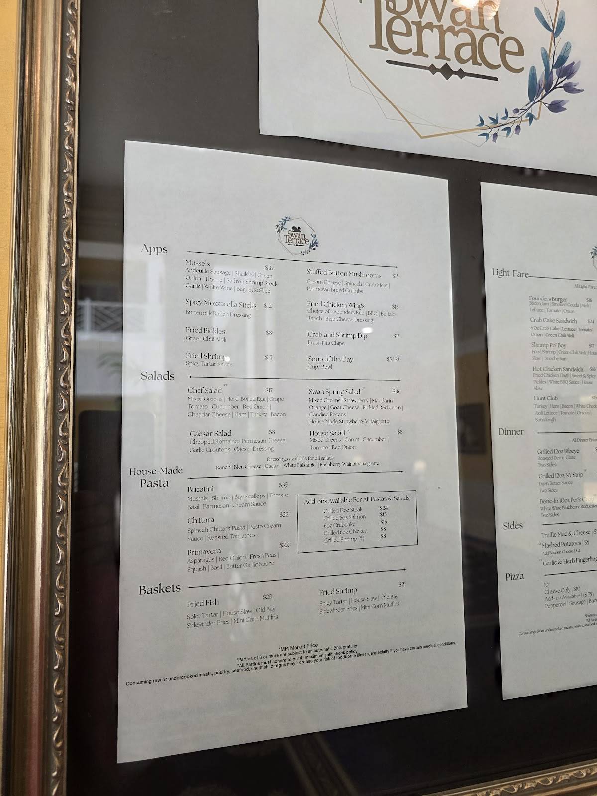 Menu at The Swan Terrace restaurant, Virginia Beach, Indian River Rd