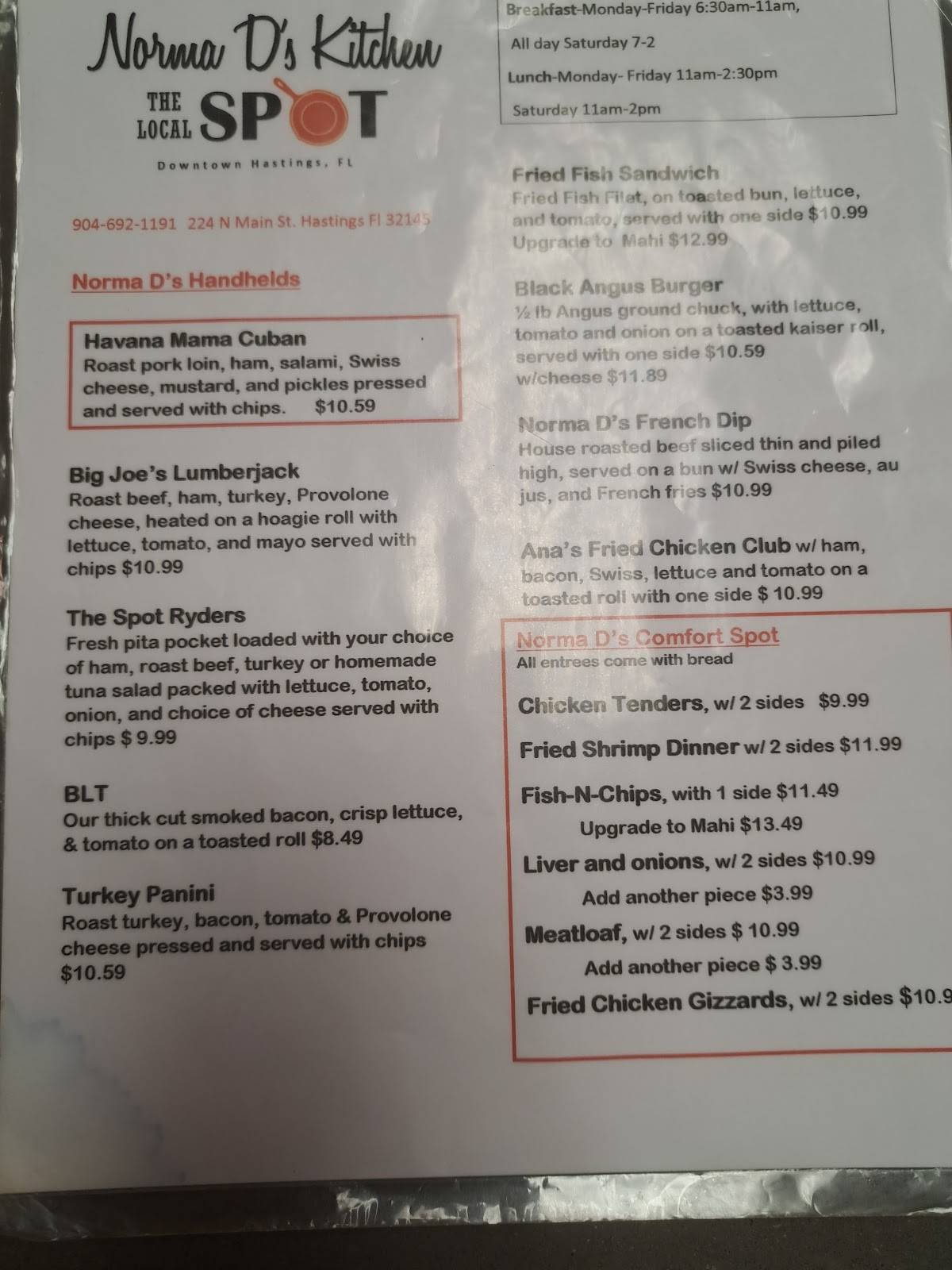 Menu at Norma D’s restaurant, Hastings
