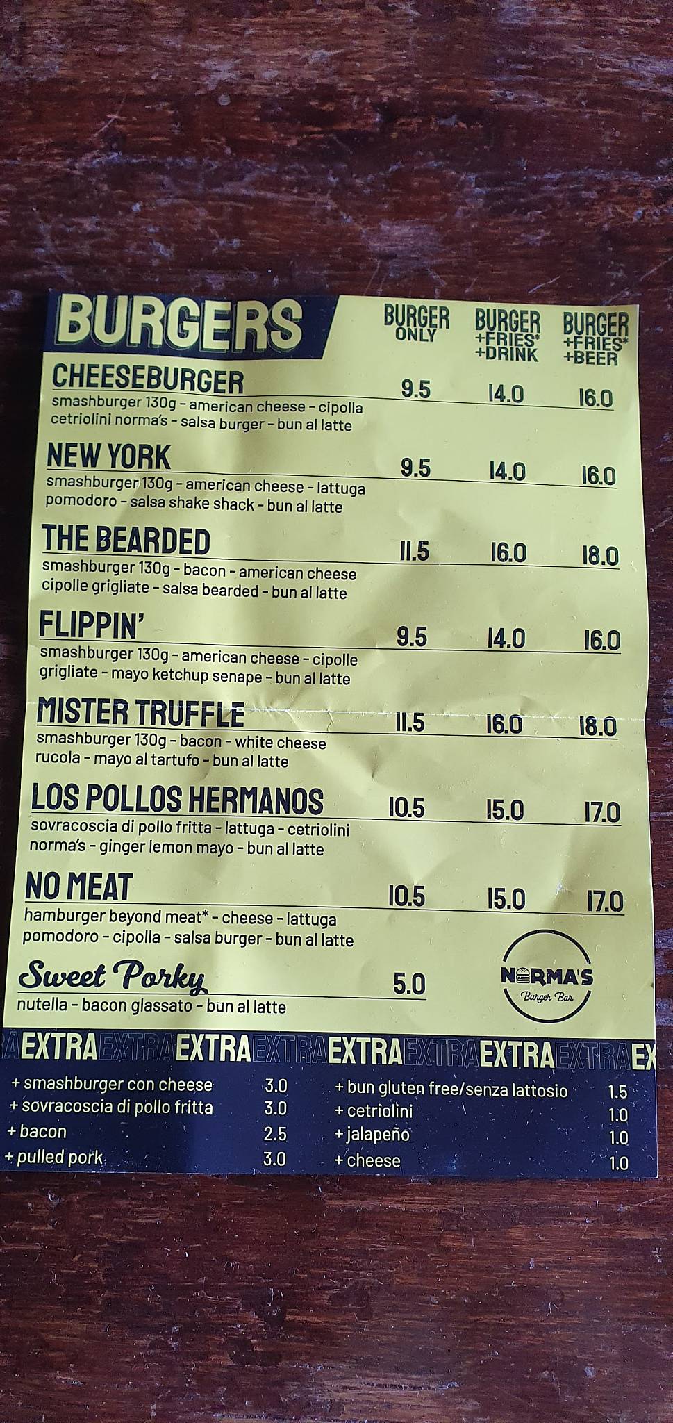 Menu da Norma's Burger Bar, Ferrara