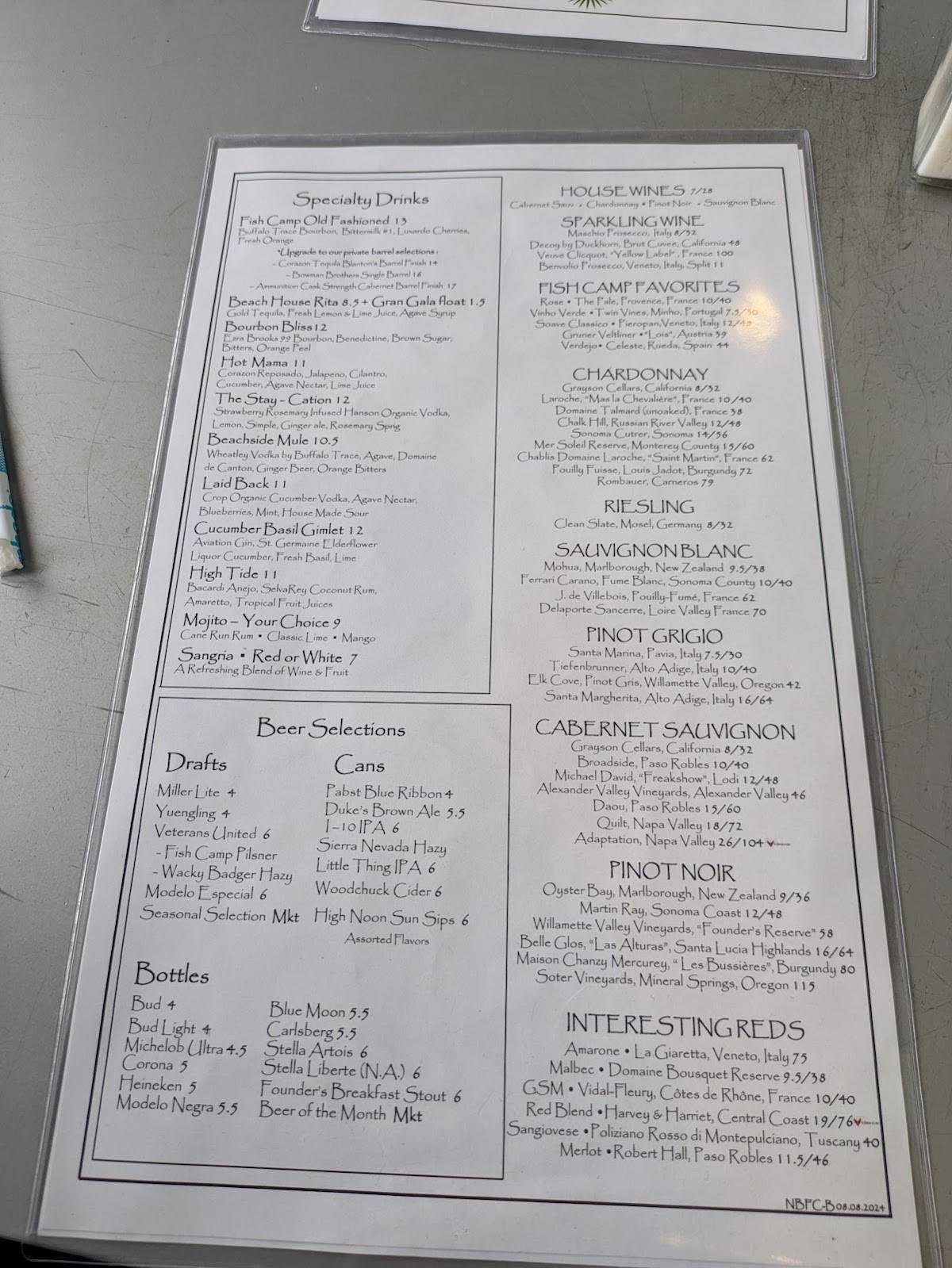 Menu at North Beach Fish Camp pub & bar, Neptune Beach