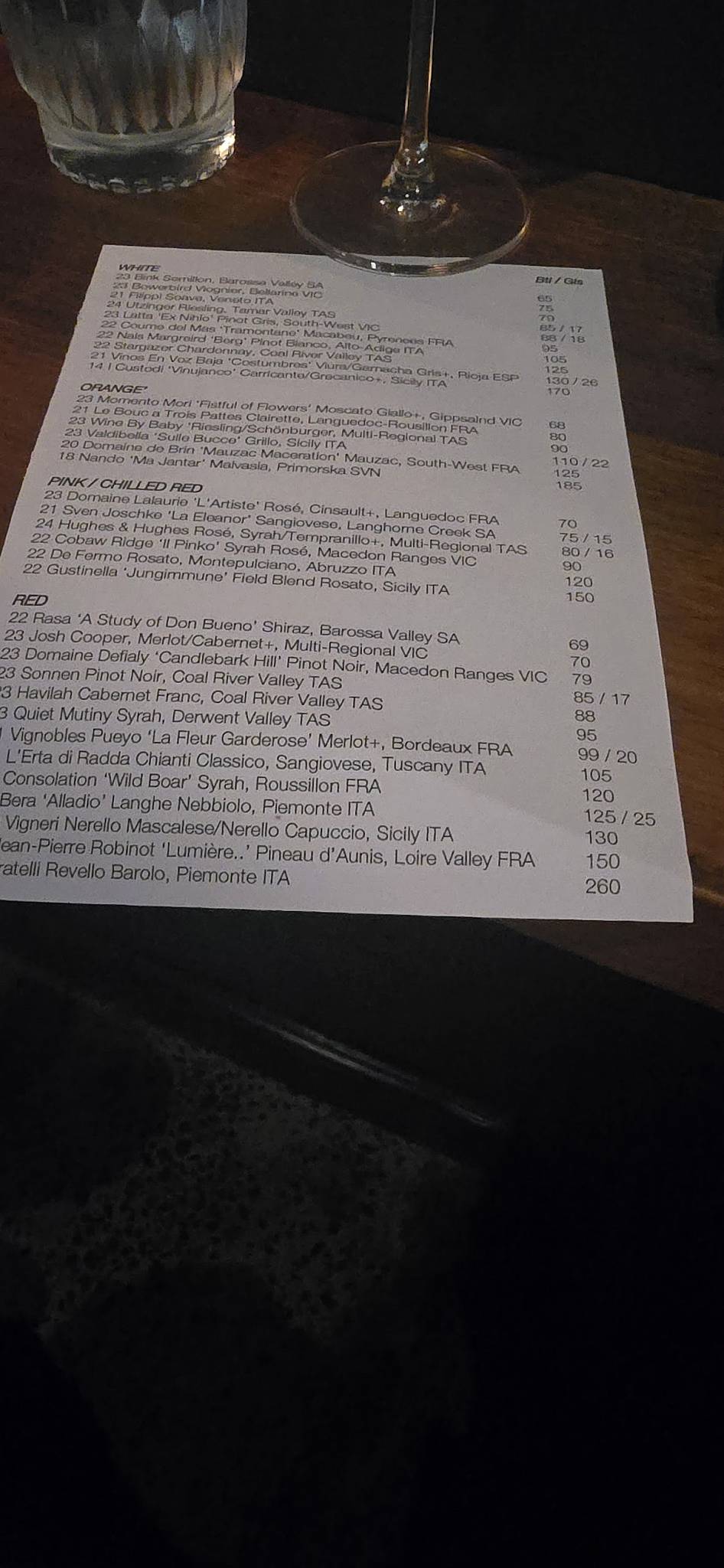 Menu at Ogee restaurant, North Hobart