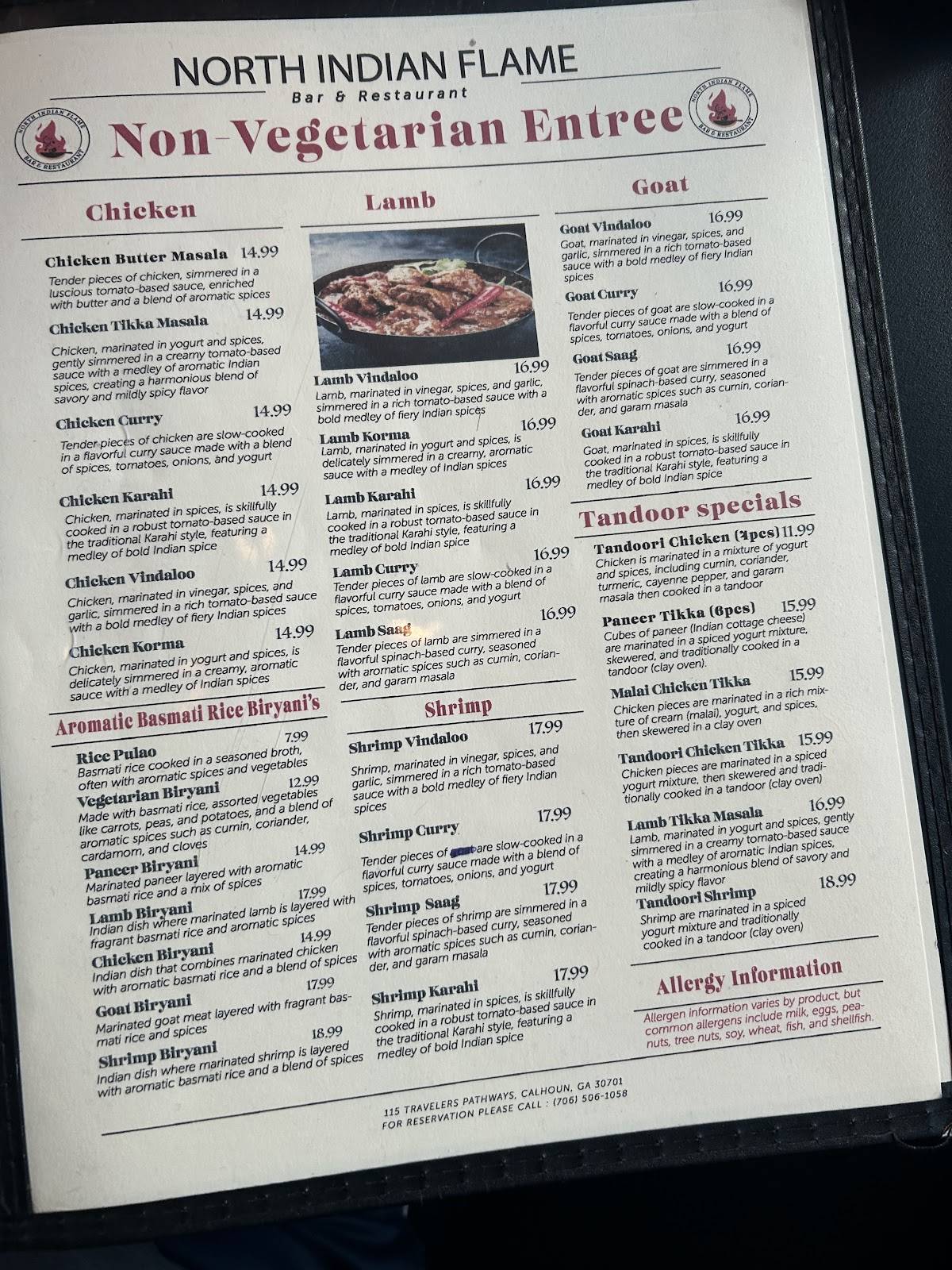 Menu at North Indian Flame Bar & Restaurant, Calhoun