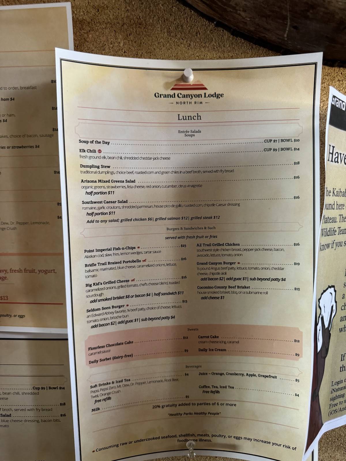 Menu at Grand Canyon Lodge Dining Room restaurant, North Rim
