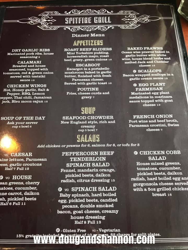 Menu at Spitfire Grill restaurant, Sidney