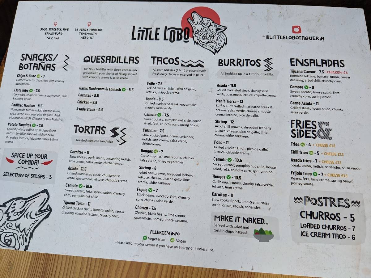 Menu at Little Lobo restaurant, North Shields