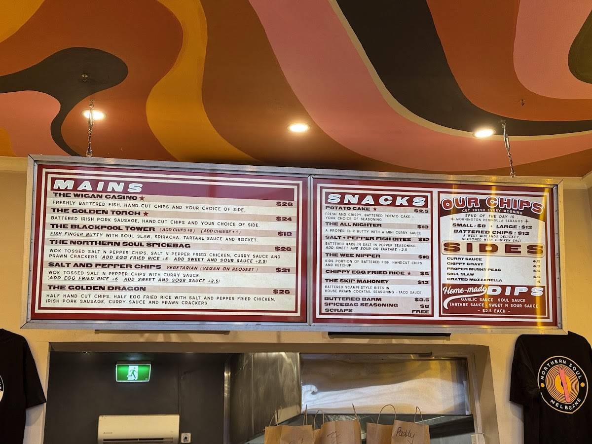 Menu at Northern Soul Chip Shop restaurant, Saint Kilda