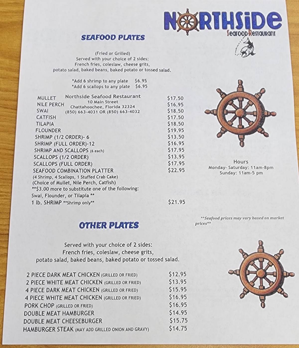 Menu at Northside Seafood restaurant, Chattahoochee
