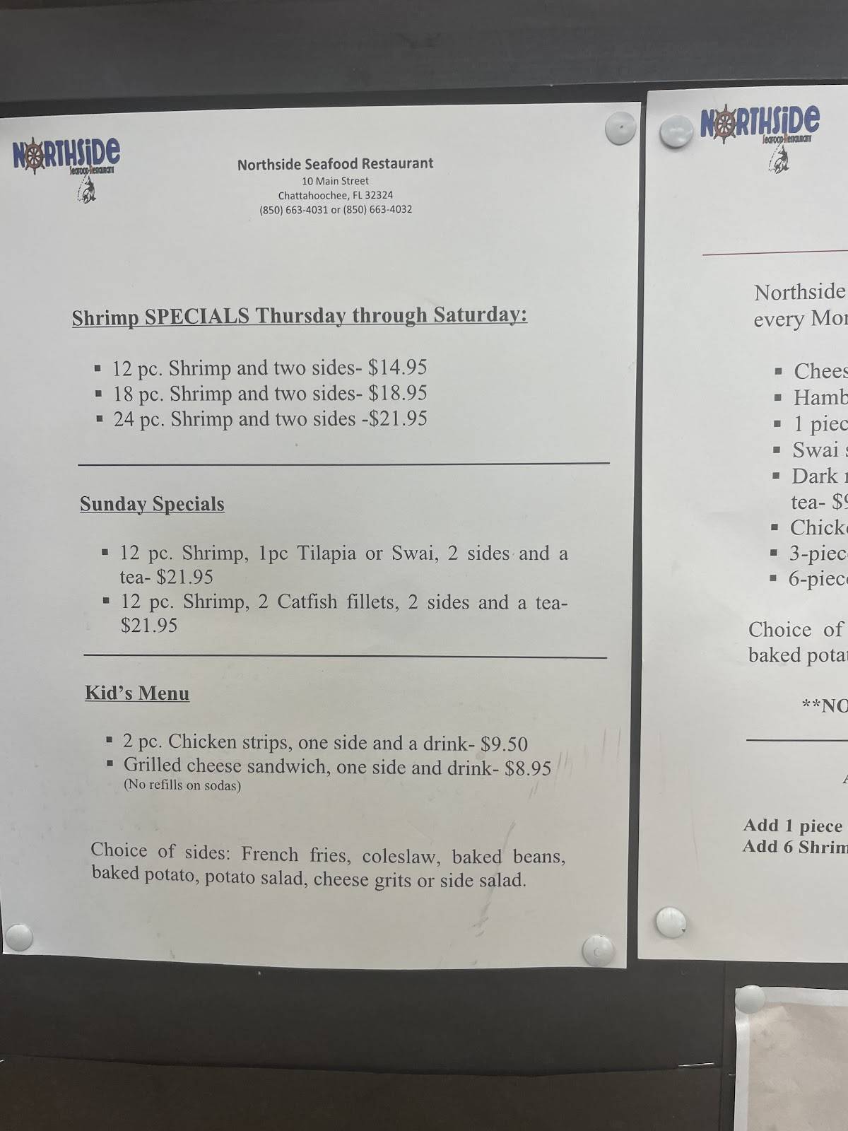 Menu at Northside Seafood restaurant, Chattahoochee