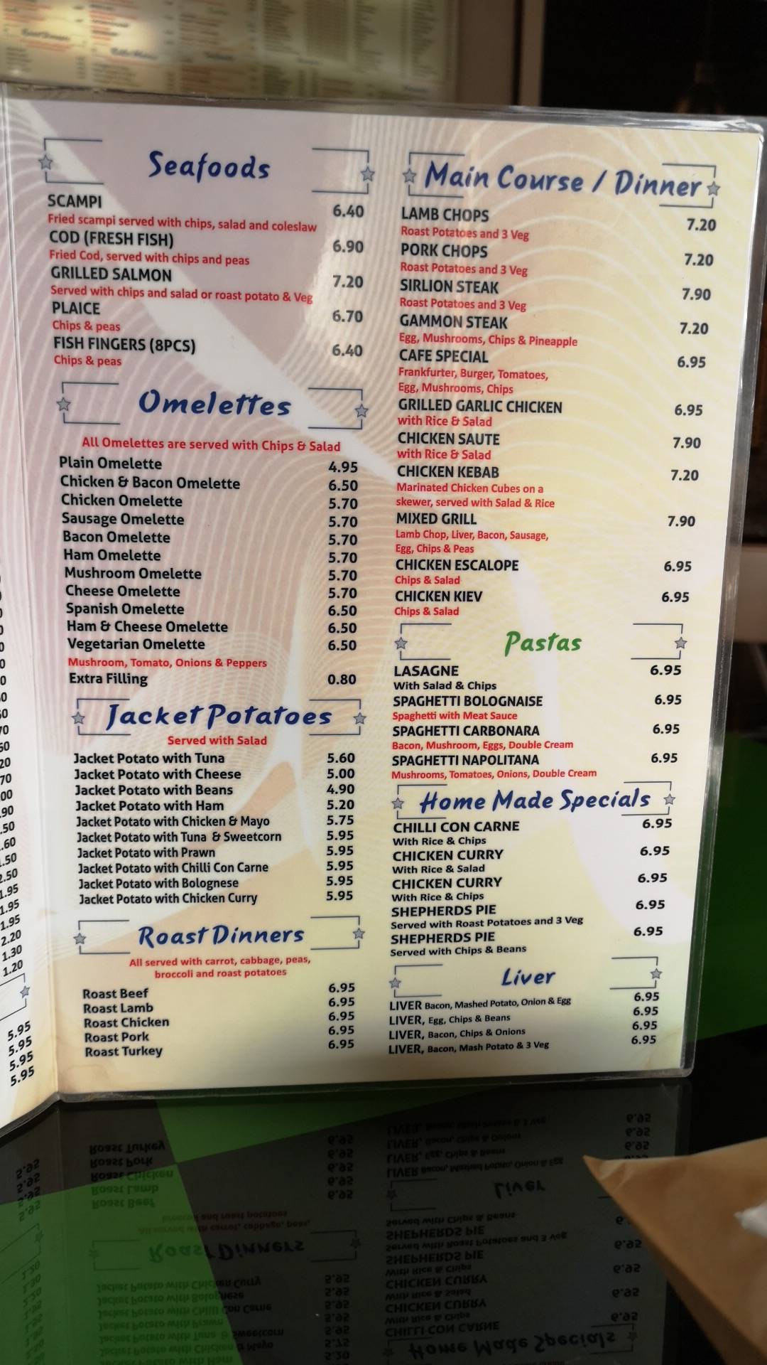 Menu at Nostalgia cafe, Dunstable