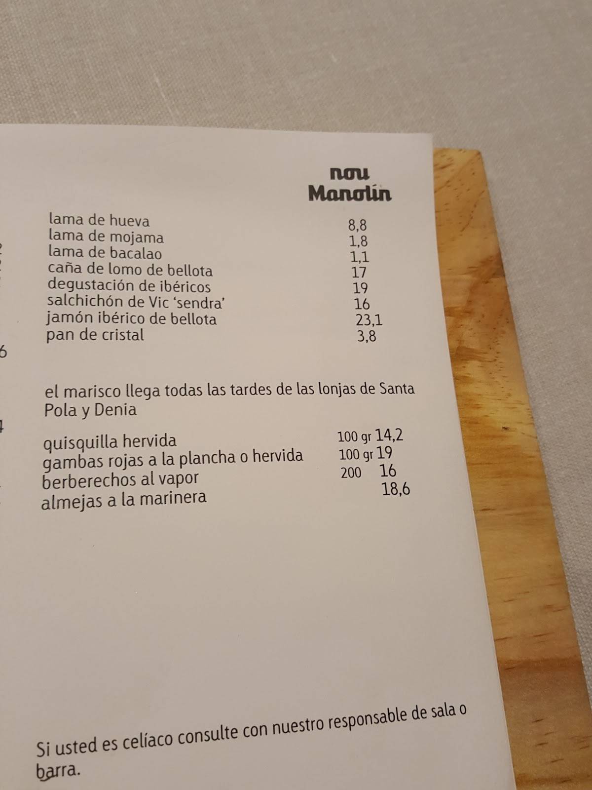 Carta del restaurante Nou Manolín, Alicante, Calle Villegas
