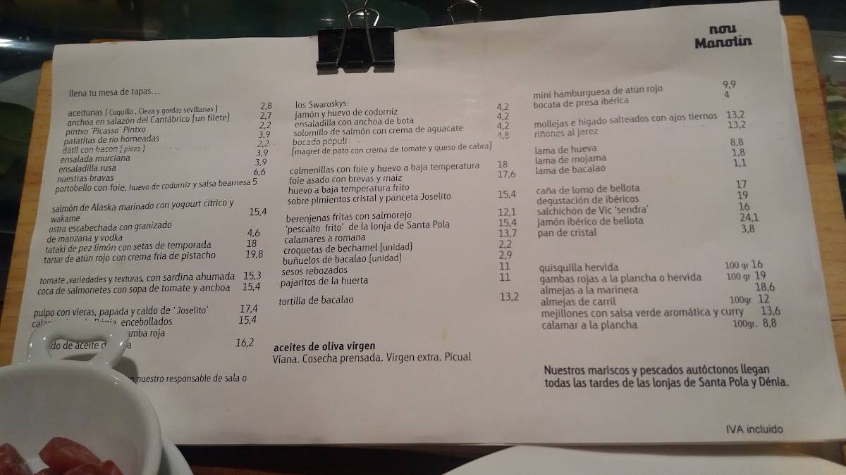 Carta del restaurante Nou Manolín, Alicante, Calle Villegas
