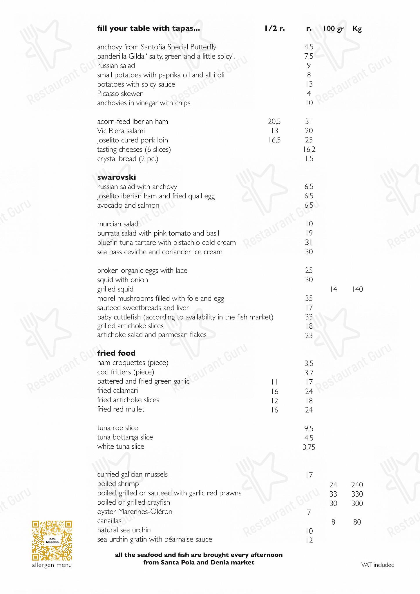 Carta del restaurante Nou Manolín, Alicante, C. Villegas