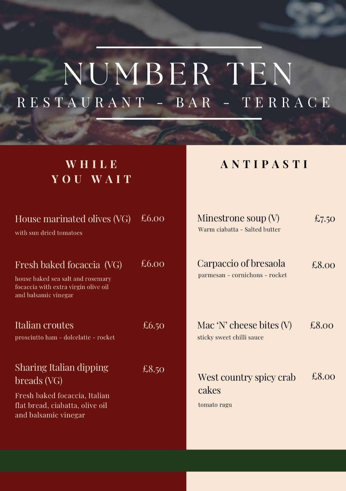 Menu at Number ten restaurant, Lynton