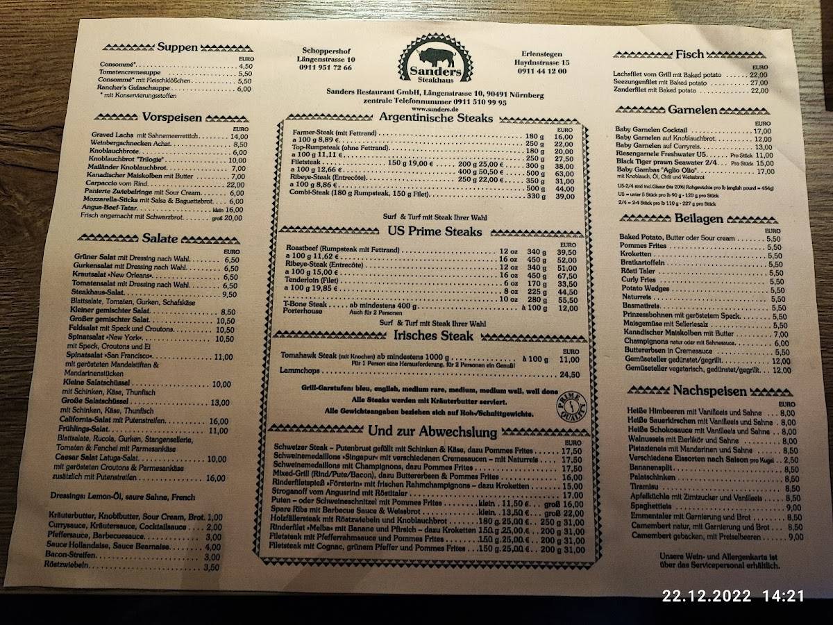 Carta de Sanders Steakhouse, Nuremberg, Längenstraße 10