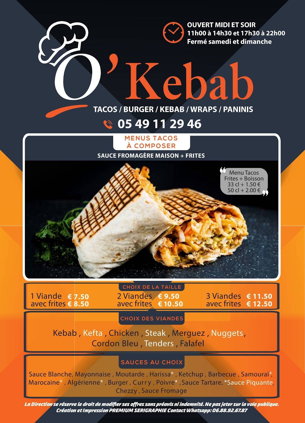 Menu au O'KEBAB restaurant, Poitiers