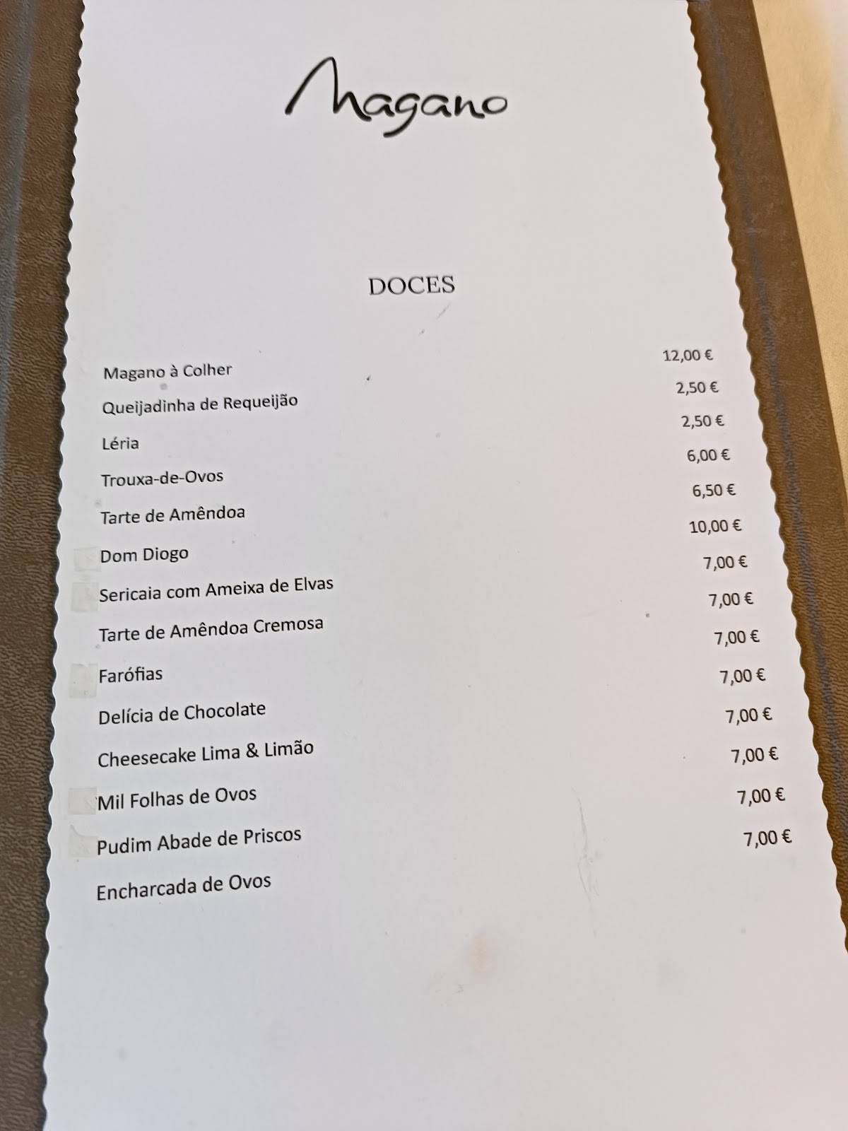 Menu em O Magano restaurante, Lisboa