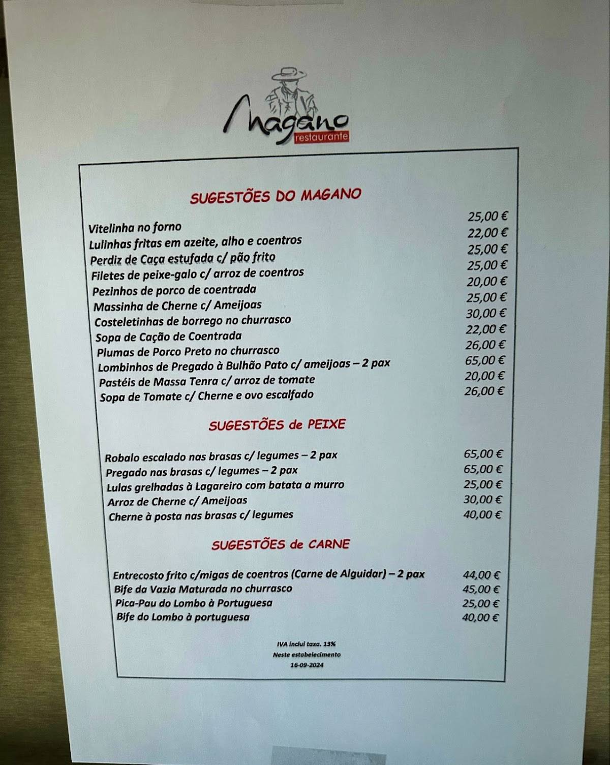 Menu at O Magano restaurant, Lisbon