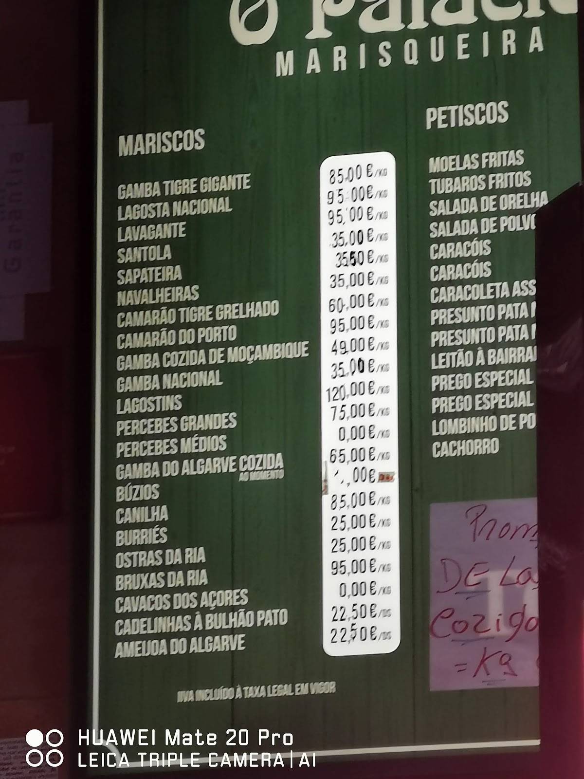 Menu at O Palácio restaurant, Lisbon