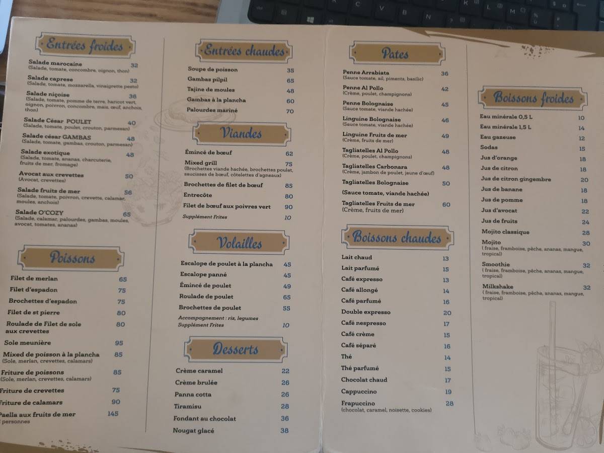 Carta del restaurante O'Cozy, Tamesna