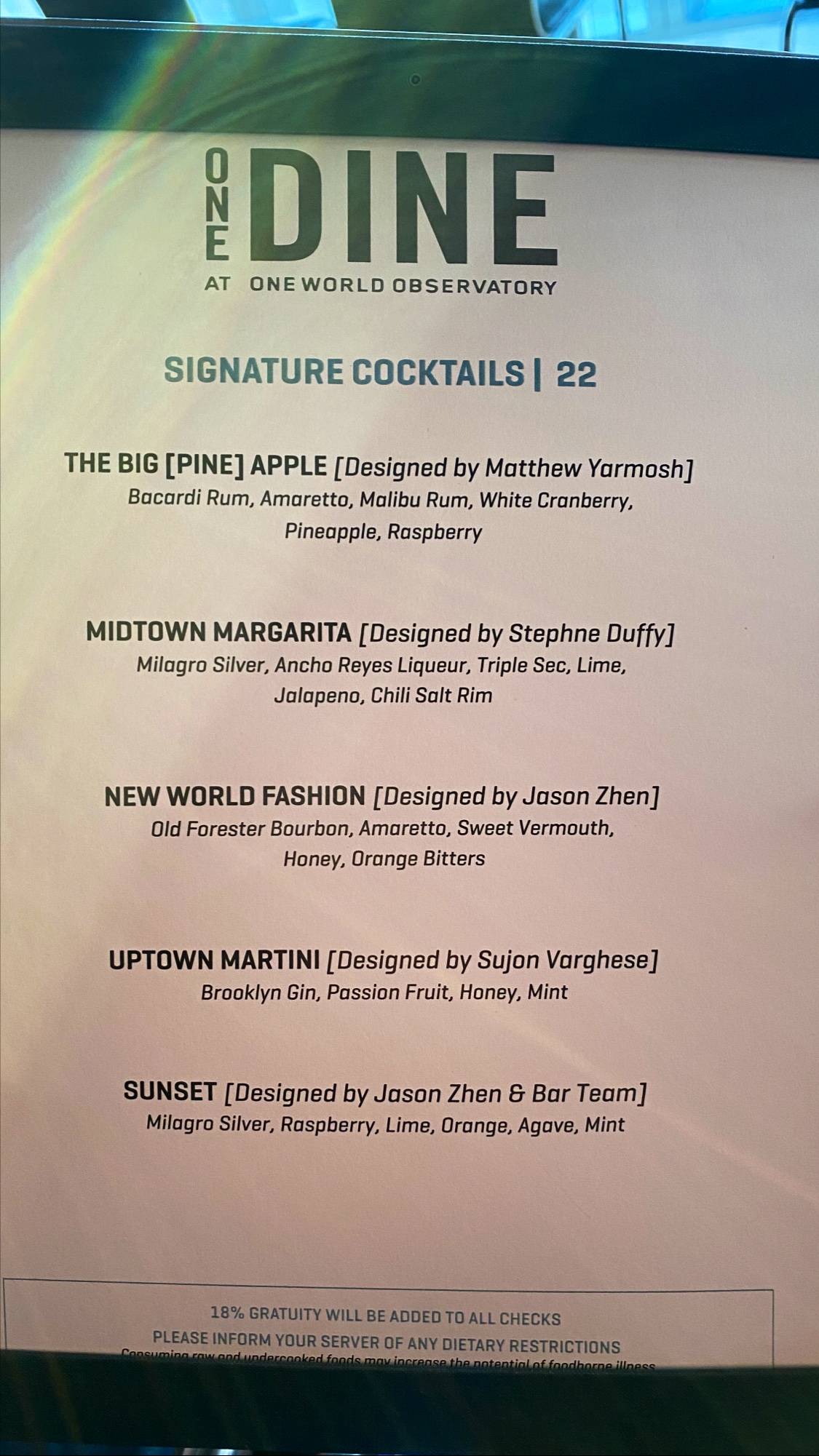 Menu at ONE Dine at One World Observatory restaurant, New York City