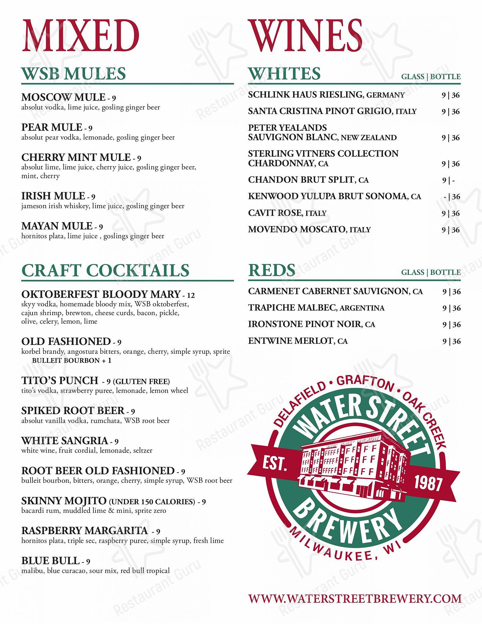 Menu at Water Street Brewery pub & bar, Oak Creek