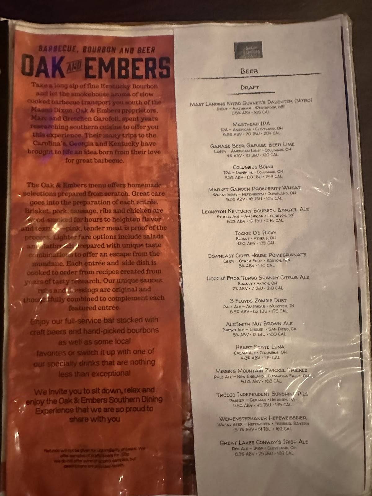 Menu at Oak and Embers Tavern Hudson pub & bar, Hudson