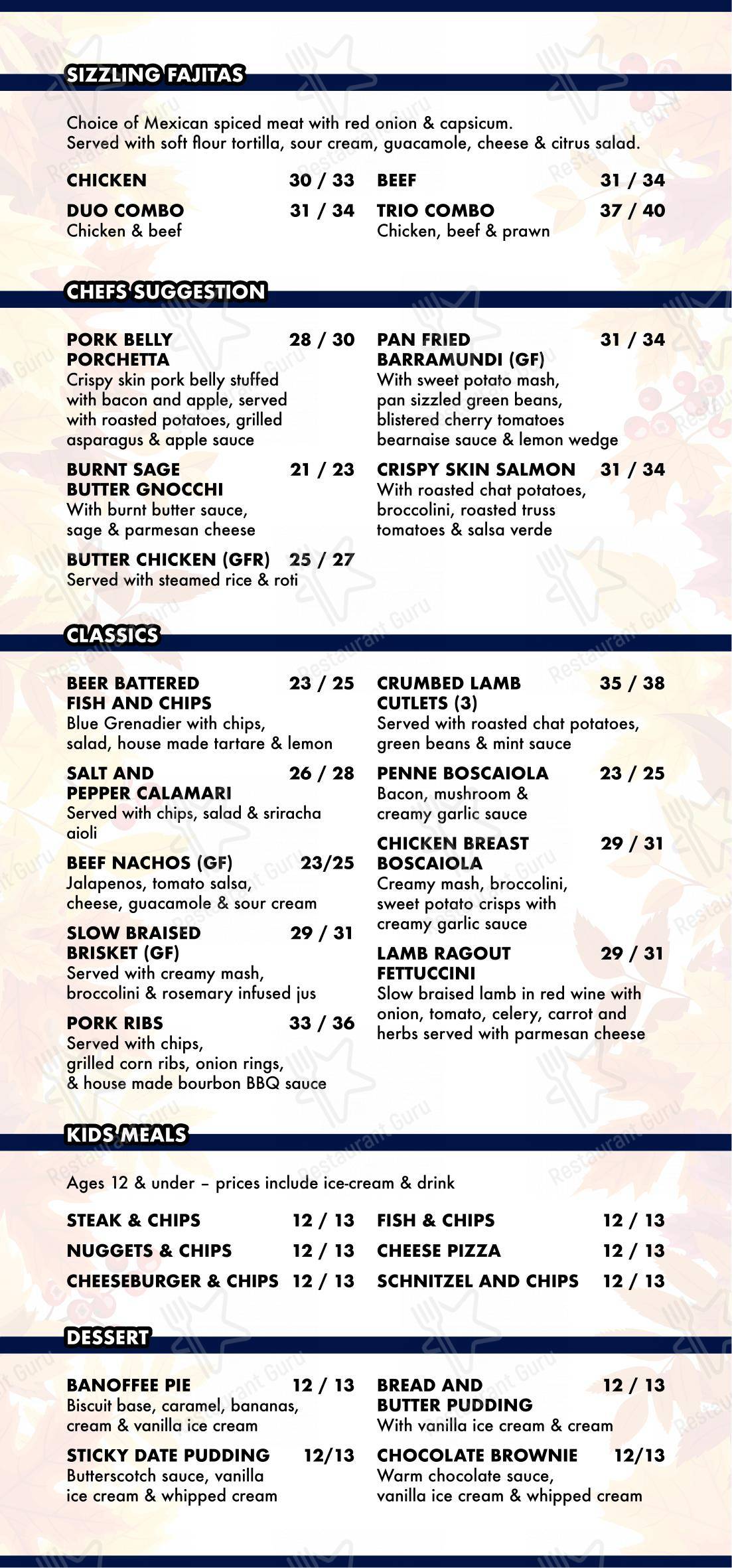 Menu at Oaks Hotel Motel pub & bar, Albion Park Rail