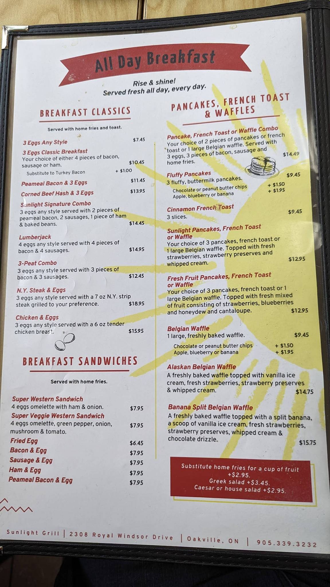 Menu at Sunlight Grill desserts, Oakville, Royal Windsor Dr