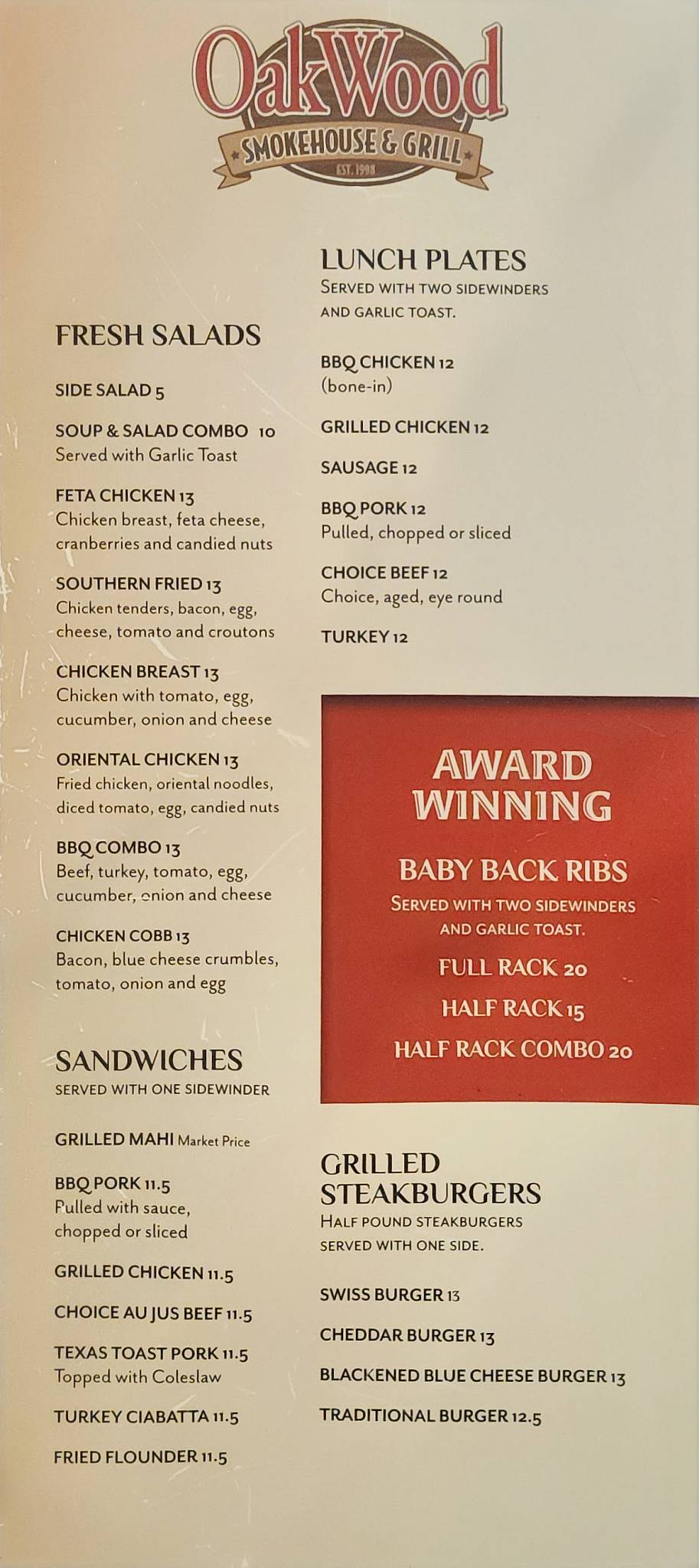 Menu at Oakwood Smokehouse & Grill BBQ, Eustis