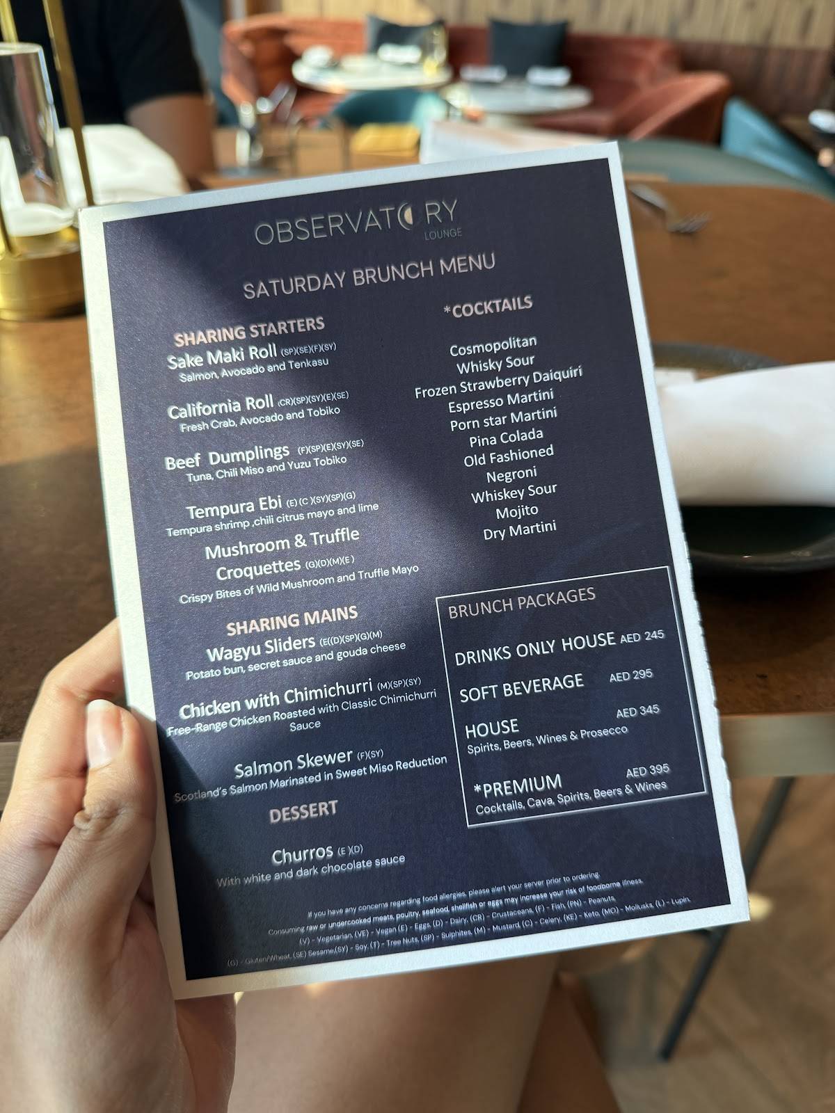 Carta del pub y bar Observatory Lounge, Dubai