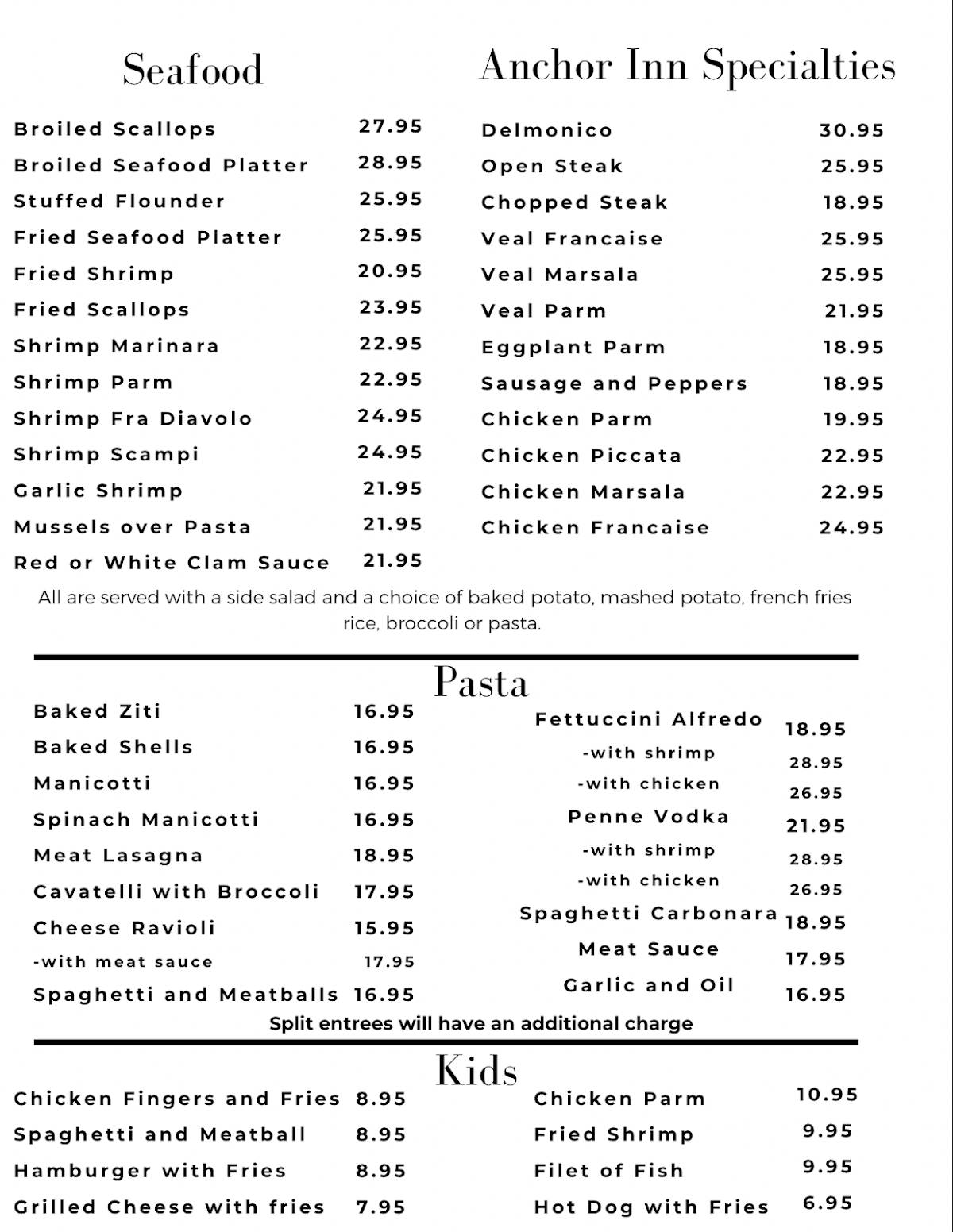Menu at Anchor Inn pizzeria, Ocean Gate