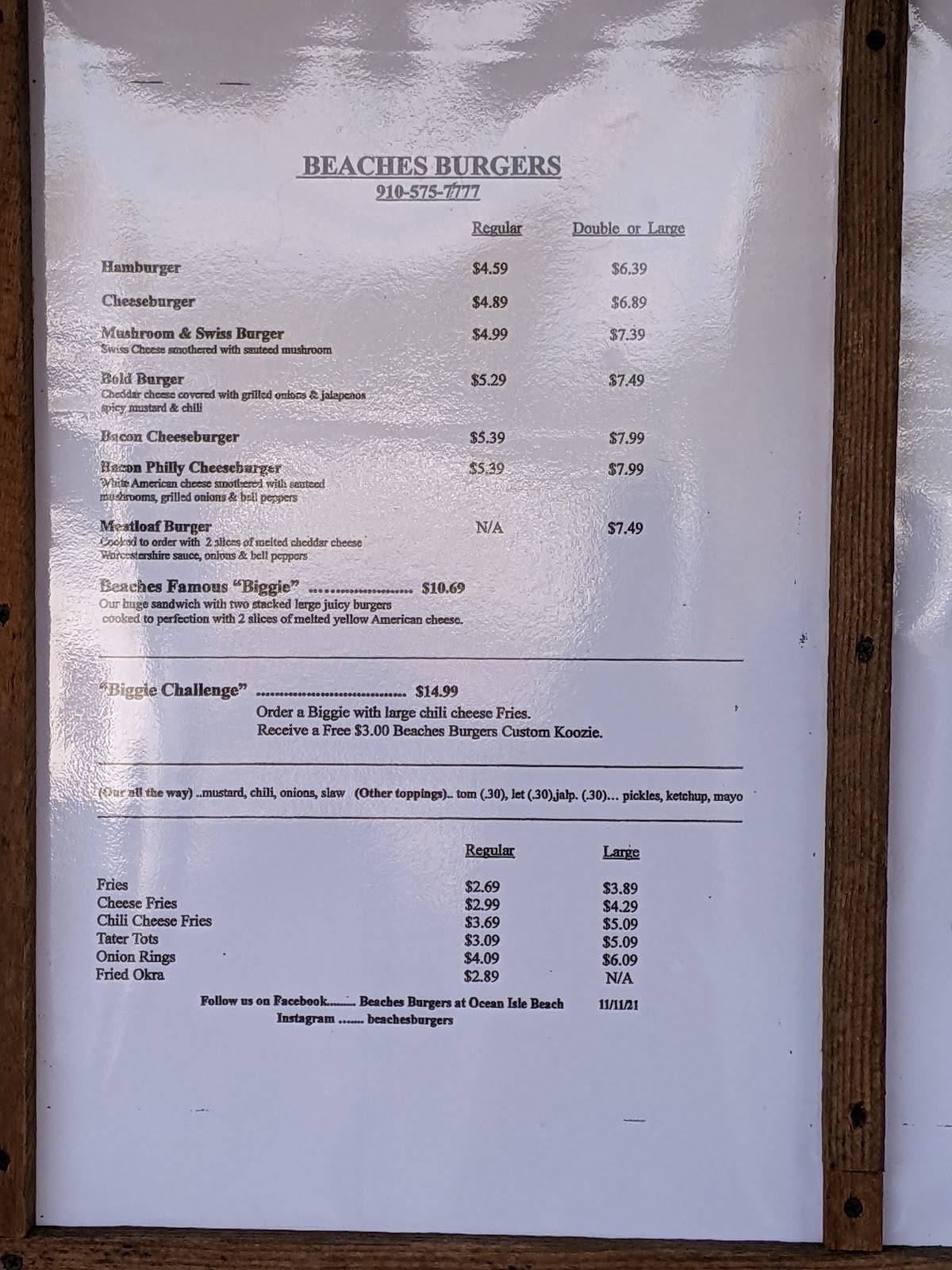Menu at Beaches Burgers restaurant, Ocean Isle Beach