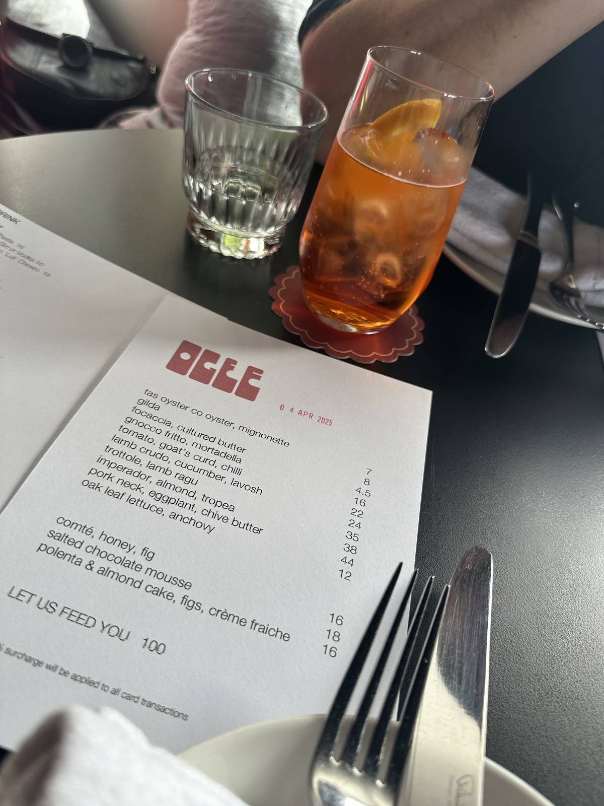 Menu at Ogee restaurant, North Hobart