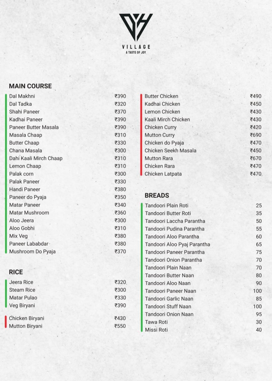 Menu at Oh! Village, Delhi