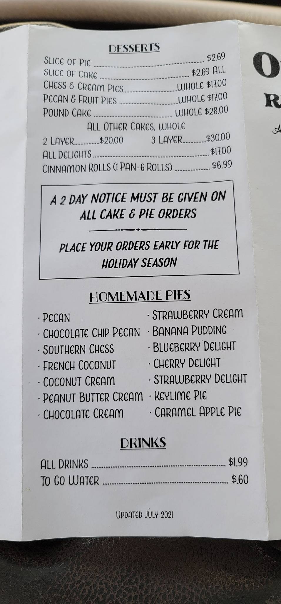 Menu at Oil Lamp Restaurant, Perry