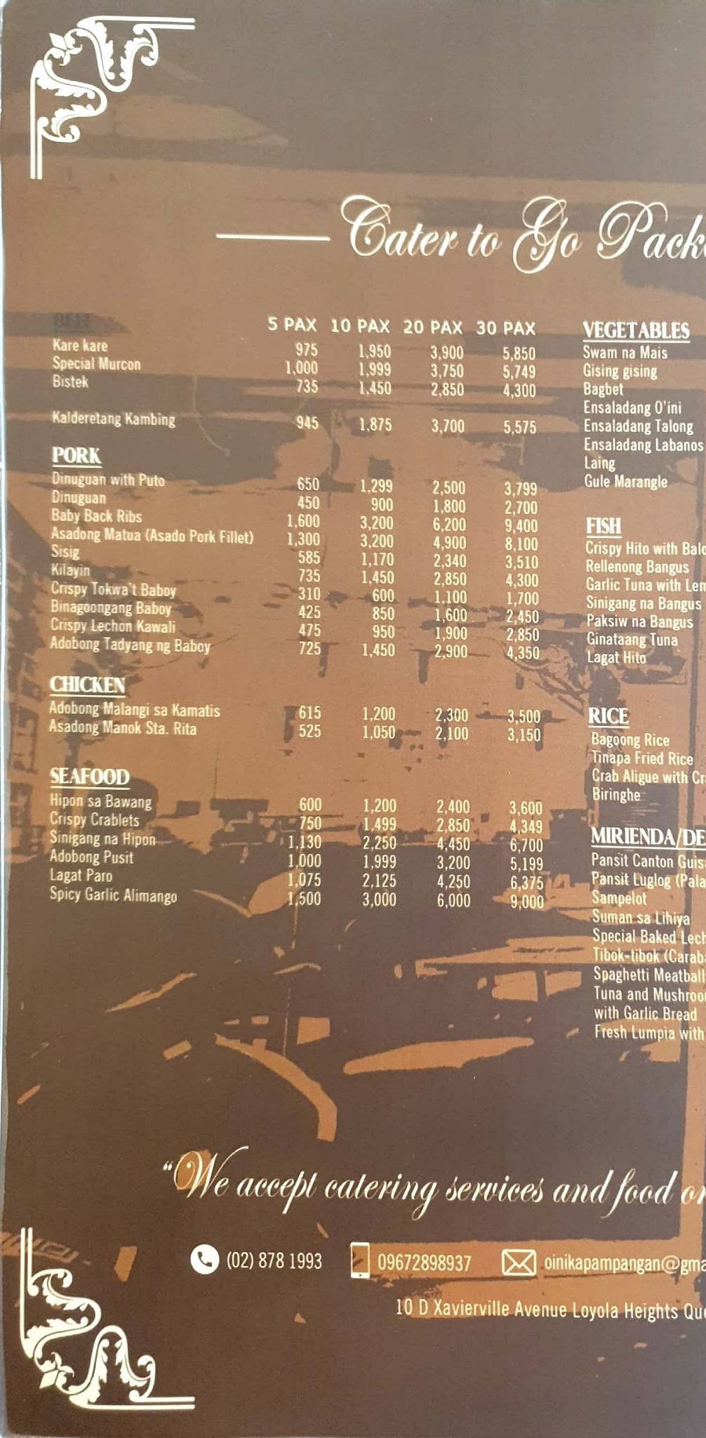Menu at O'ini restaurant, Quezon City