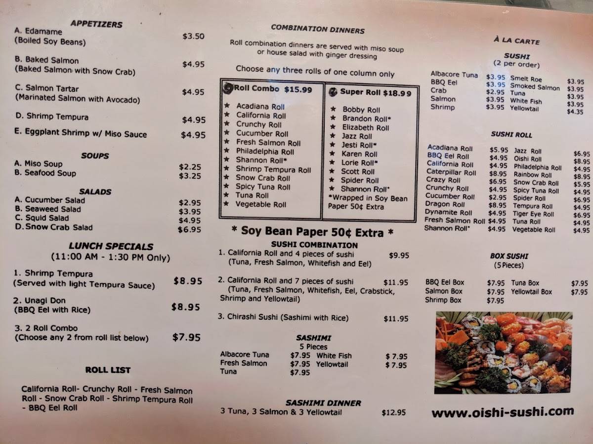 Menu at Oishi Sushi restaurant, Lafayette