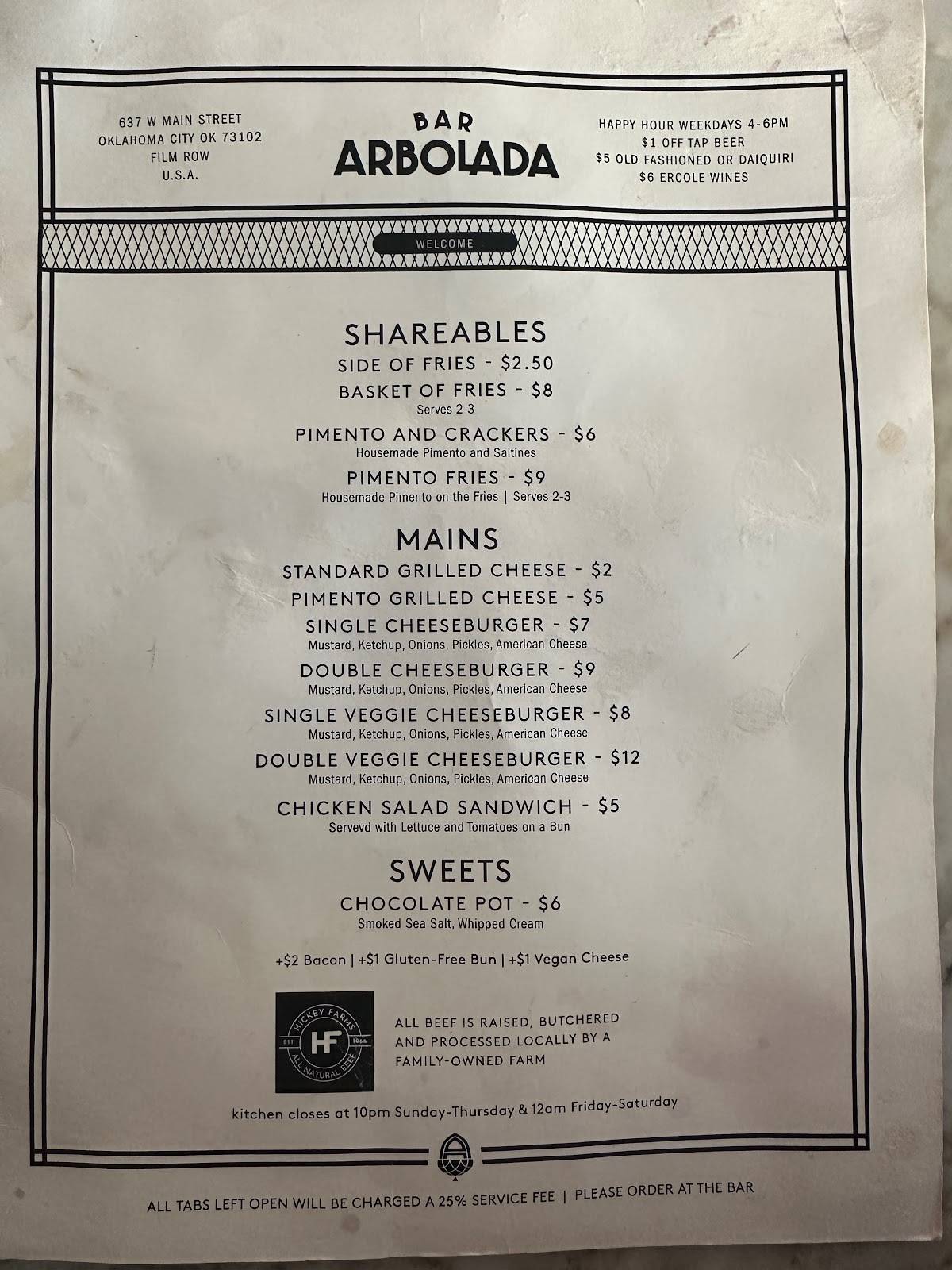 Menu at Bar Arbolada, Oklahoma City