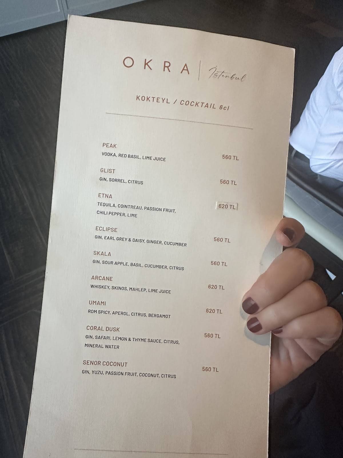 Menu at Okra İstanbul restaurant, Istanbul, OSMANLI SOKAK 1/B TAKSİM 34437