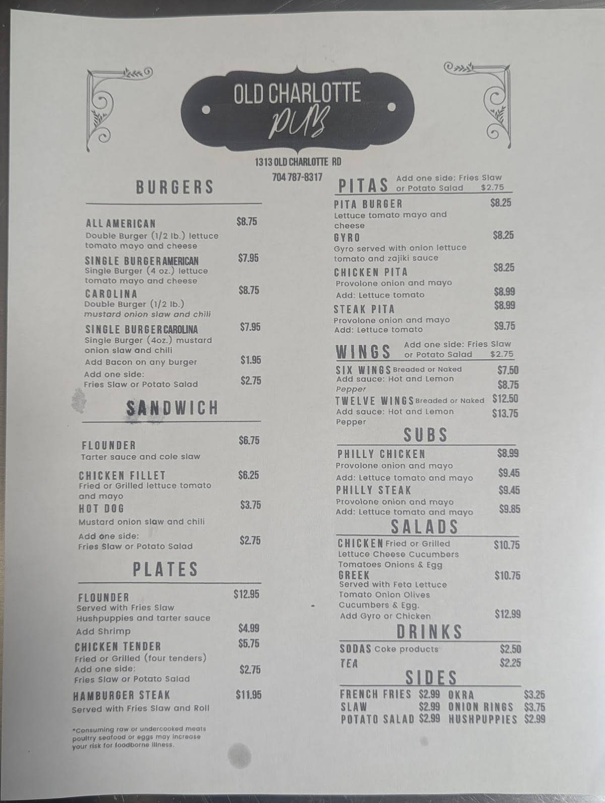Menu at Old Charlotte Pub, Concord