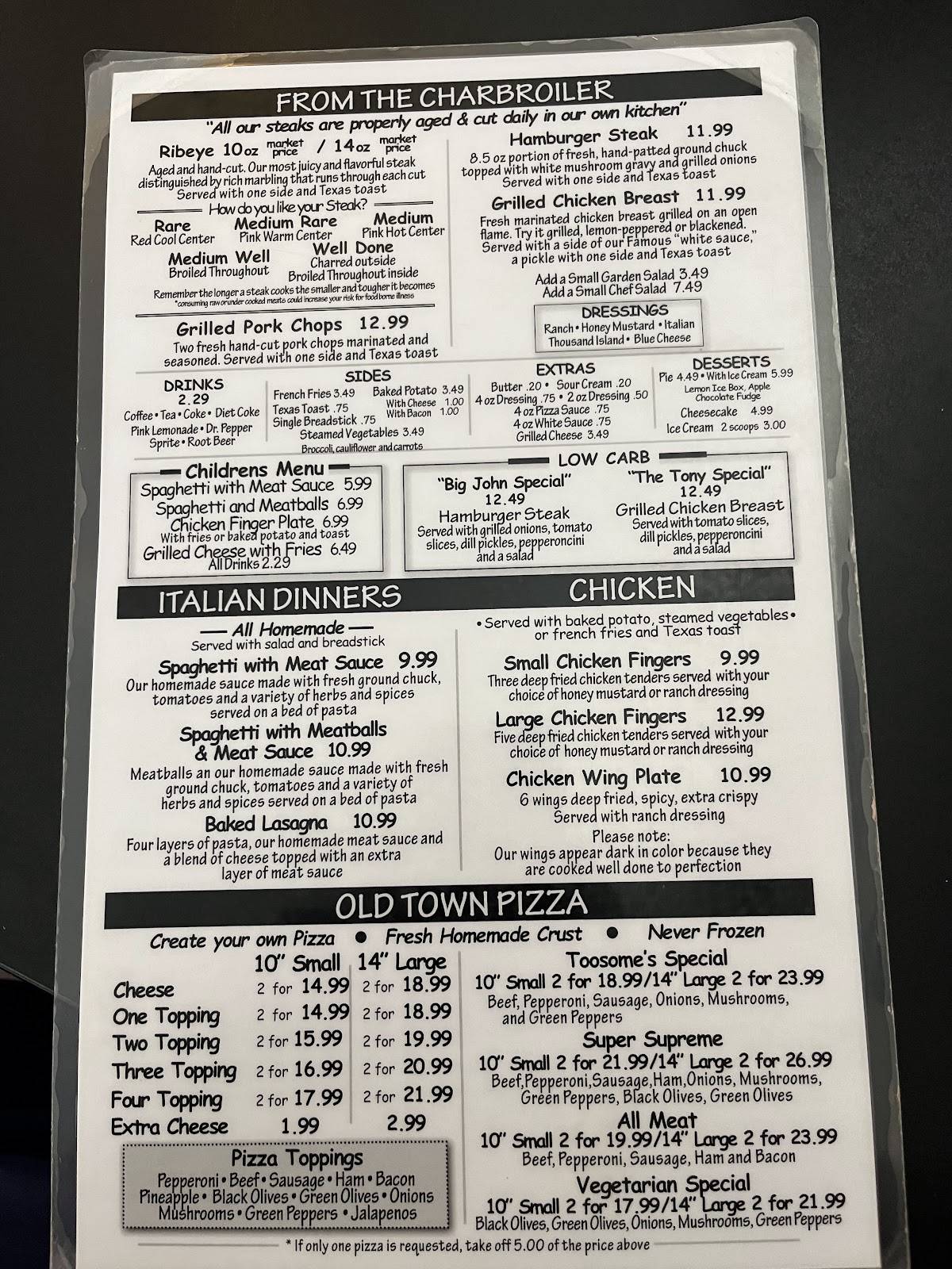Menu at Old Town Grille steakhouse, Childersburg